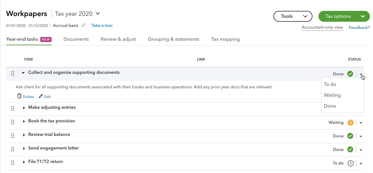 Year-end tasks for QuickBooks Online Accountant Workpapers