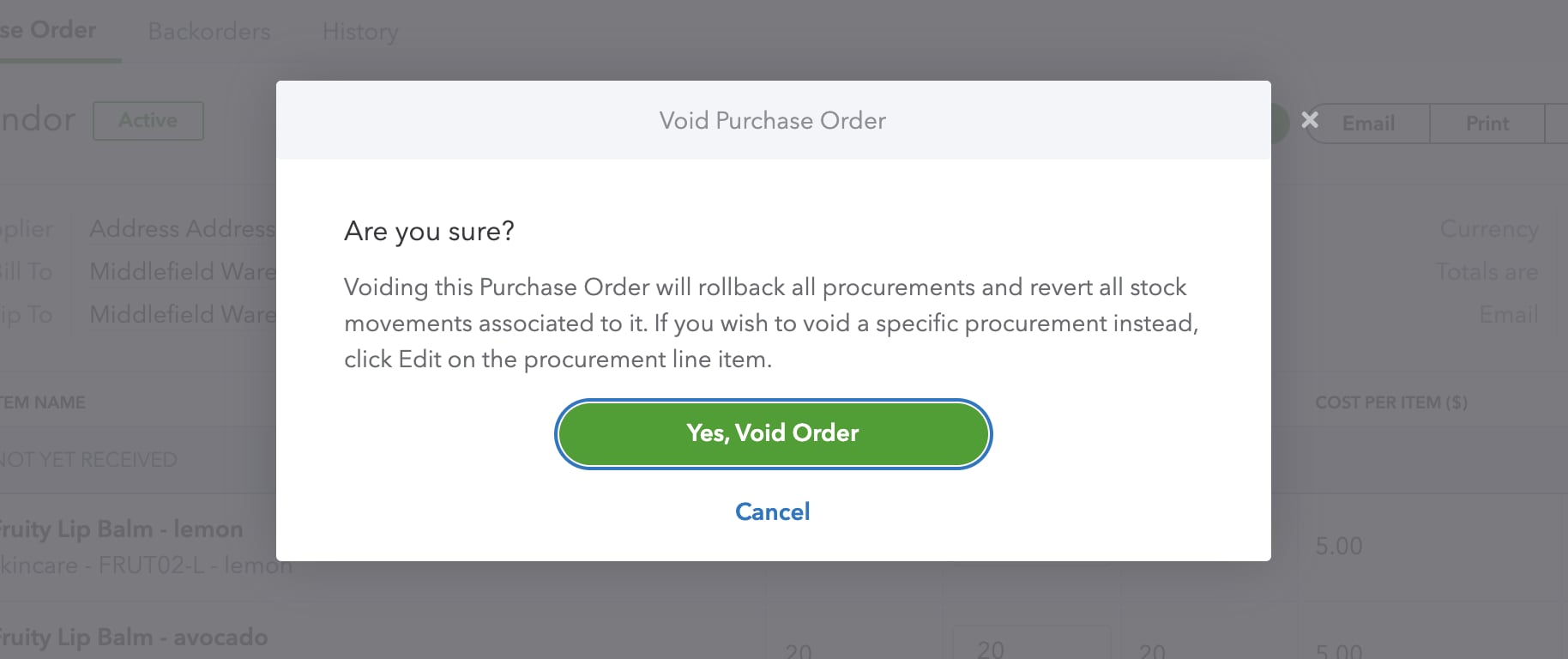 Explore actions within a purchase order
