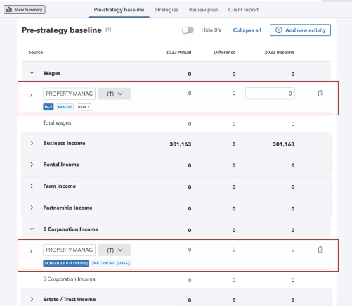 Adding strategies to new activities in Intuit Tax Advisor